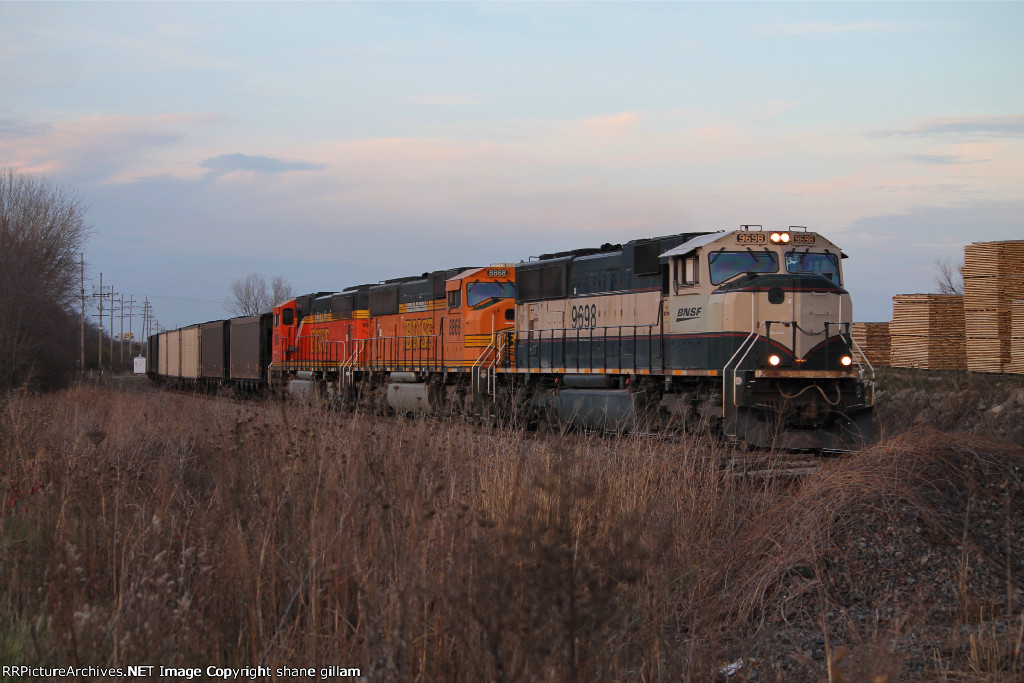 BNSF 9698 is on point of 2 other macs.